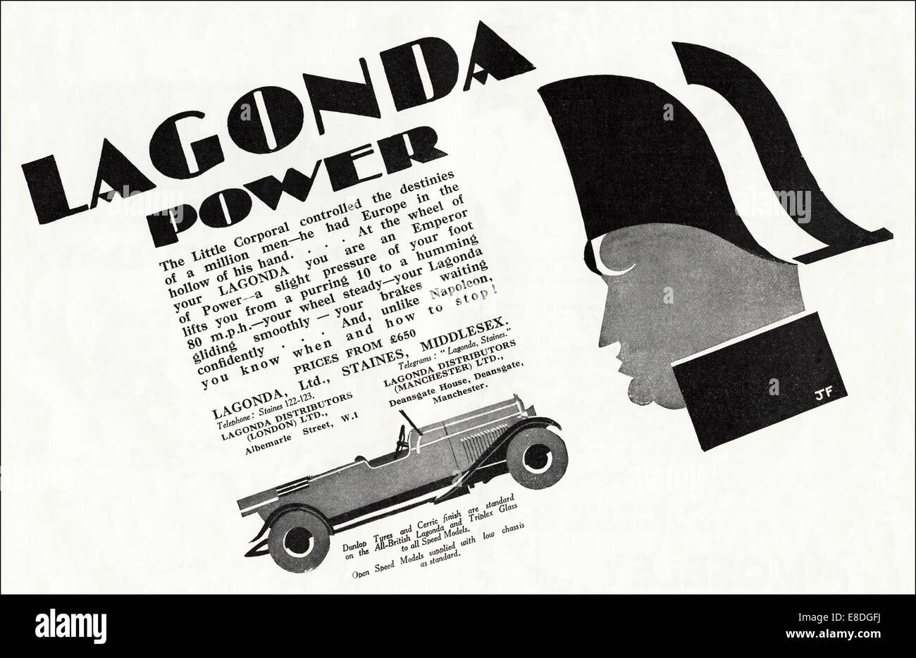 1920s advertising. 20s advertisement for LAGONDA motor cars of Staines ...