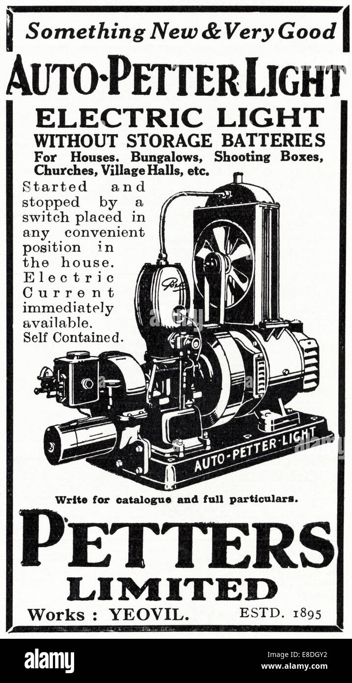 1920s advertisement for AUTO PETTER LIGHT generator for electric lights ...