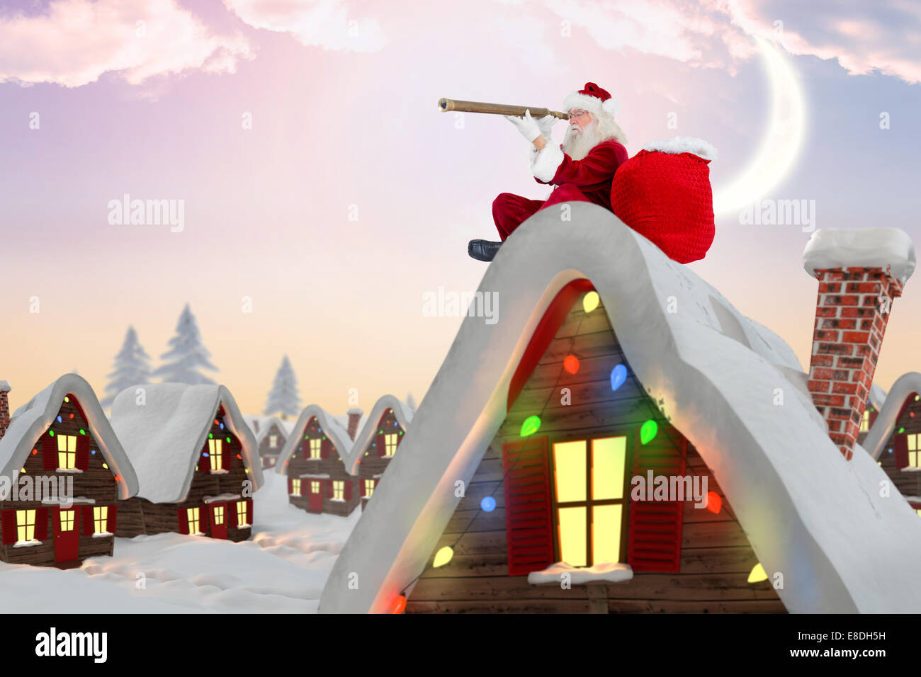 Composite image of santa sitting on roof of cottage Stock Photo - Alamy