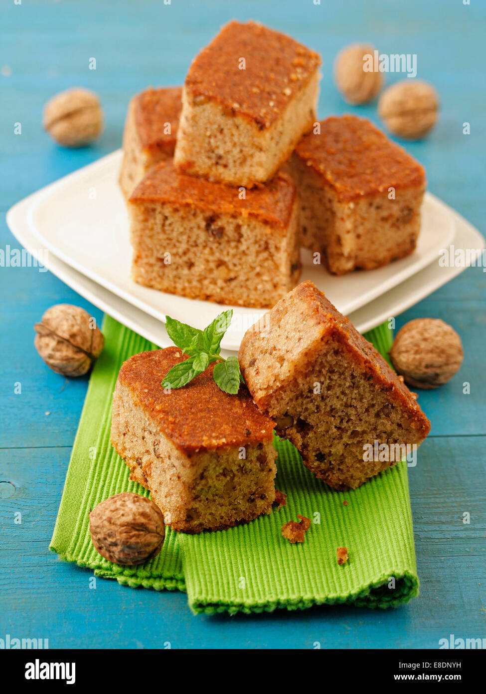 Wholemeal sponge cake with walnuts. Recipe available Stock Photo - Alamy
