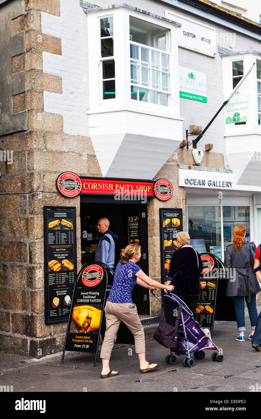 Cornish pasty shop St Ives Cornwall tourist tourism tourists queuing ...