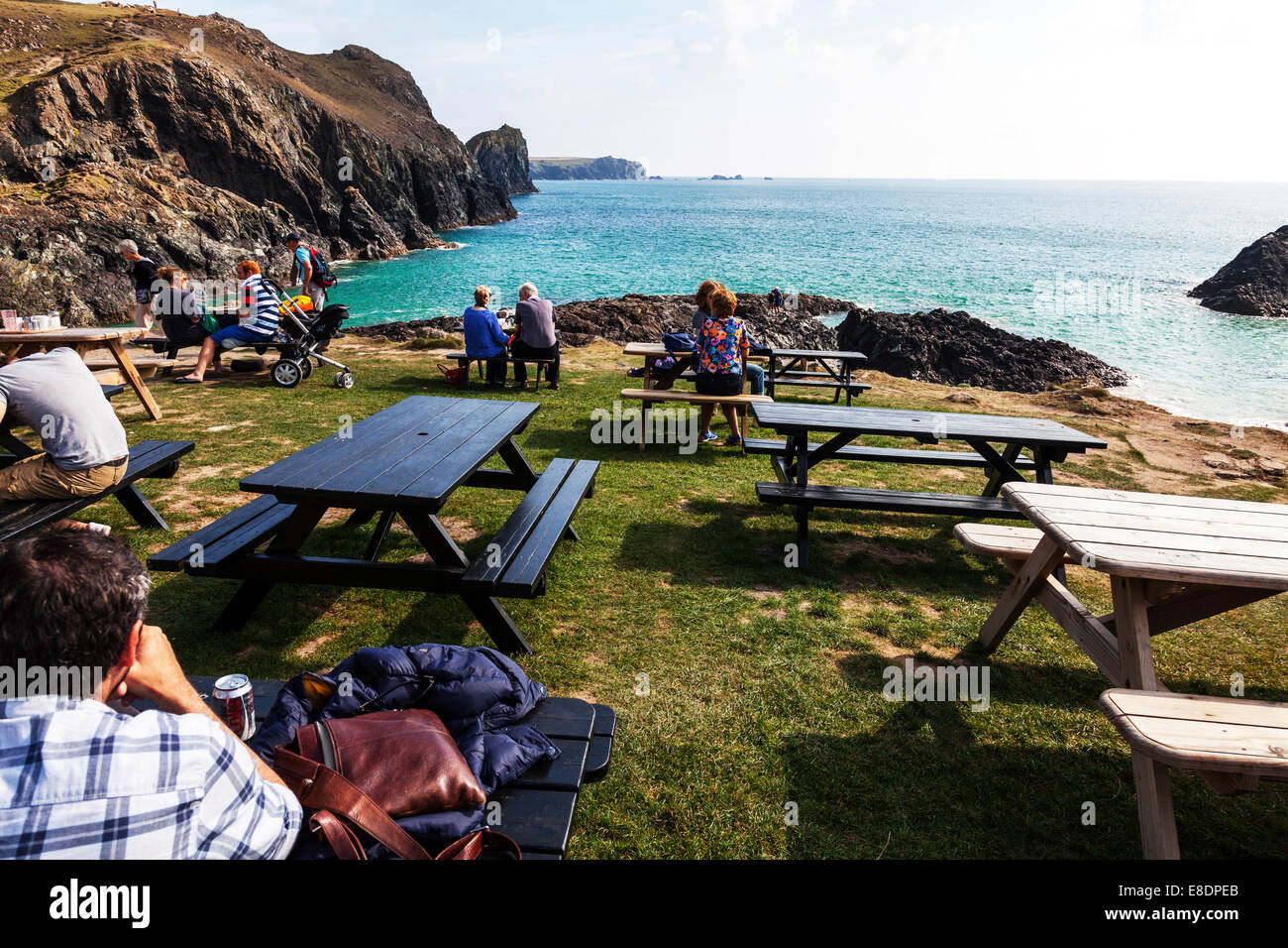Kynance cove Cornwall UK England Cornish cafe tables with view looking ...