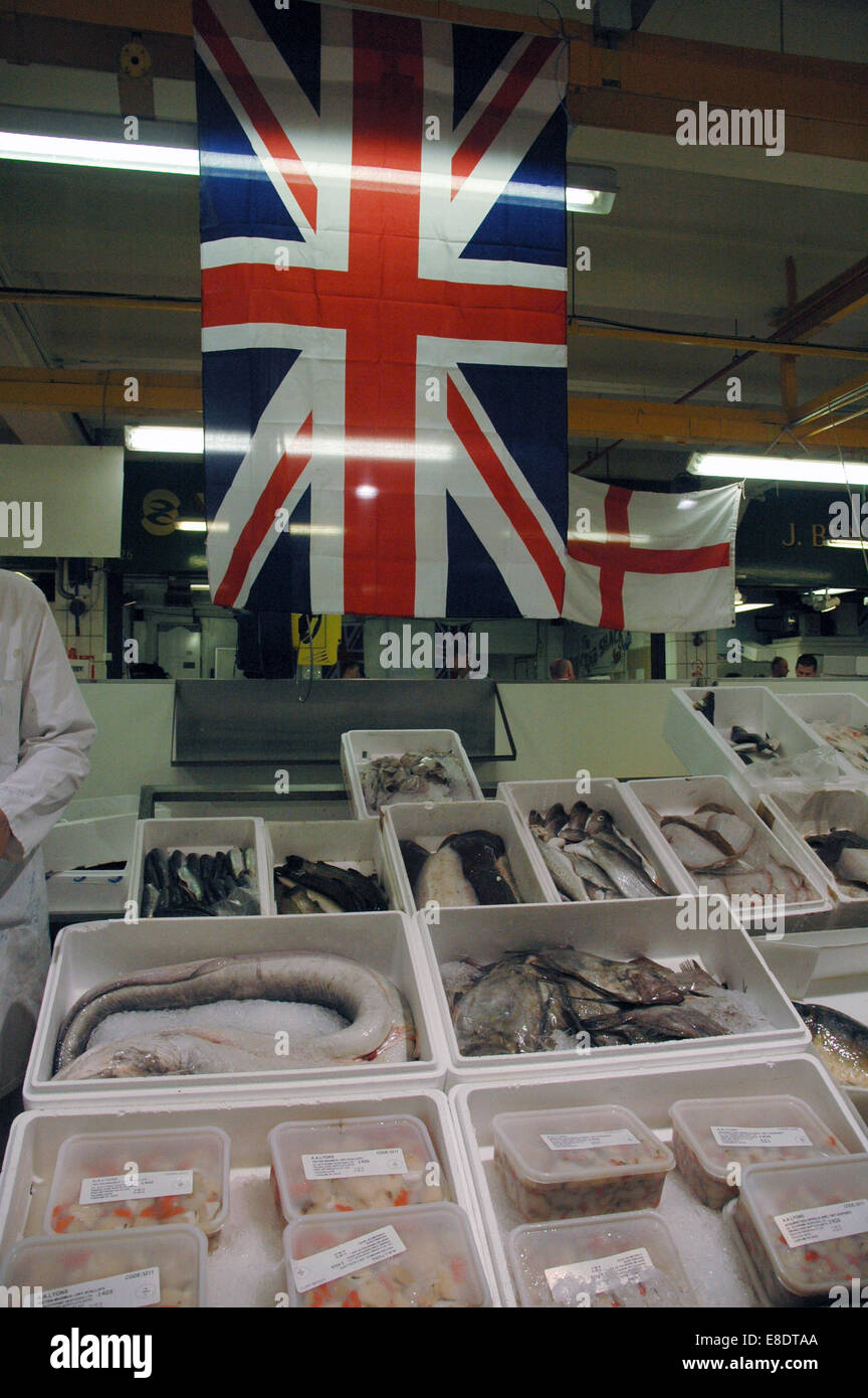 Fish and seafood on display in Billingsgate Fish Market, London Stock ...