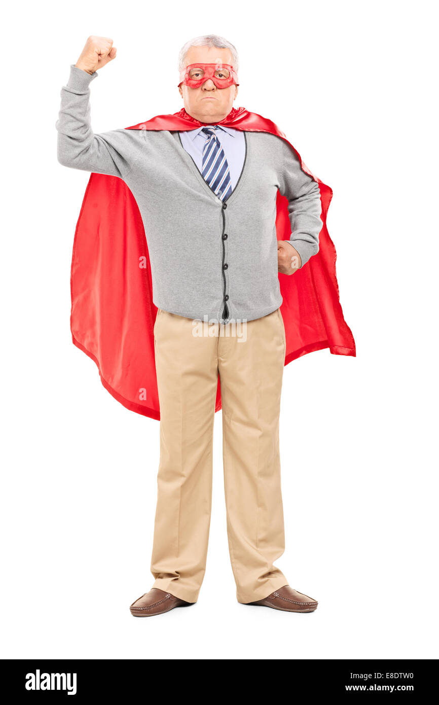 Full length portrait of a proud mature man in superhero costume ...