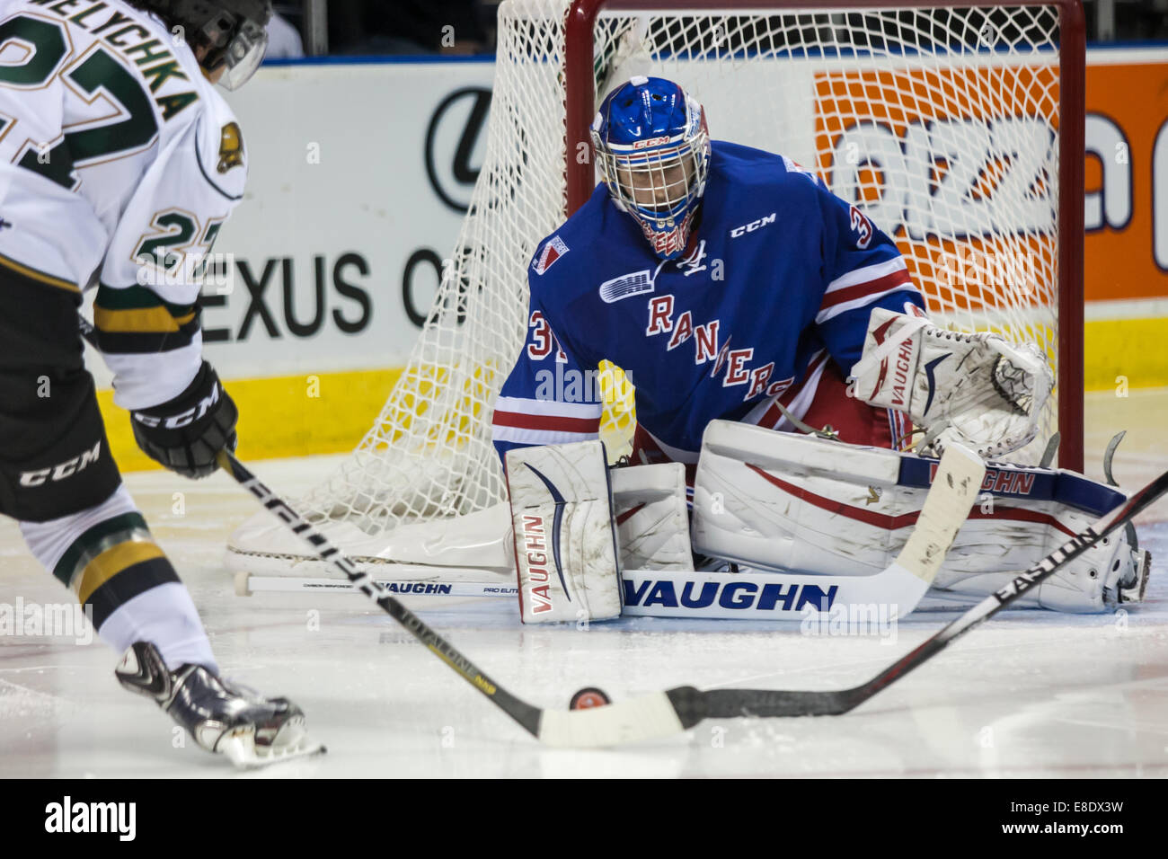 October 3, 2014. Kitchener Rangers goalie Matthew Greenfield (31 ...