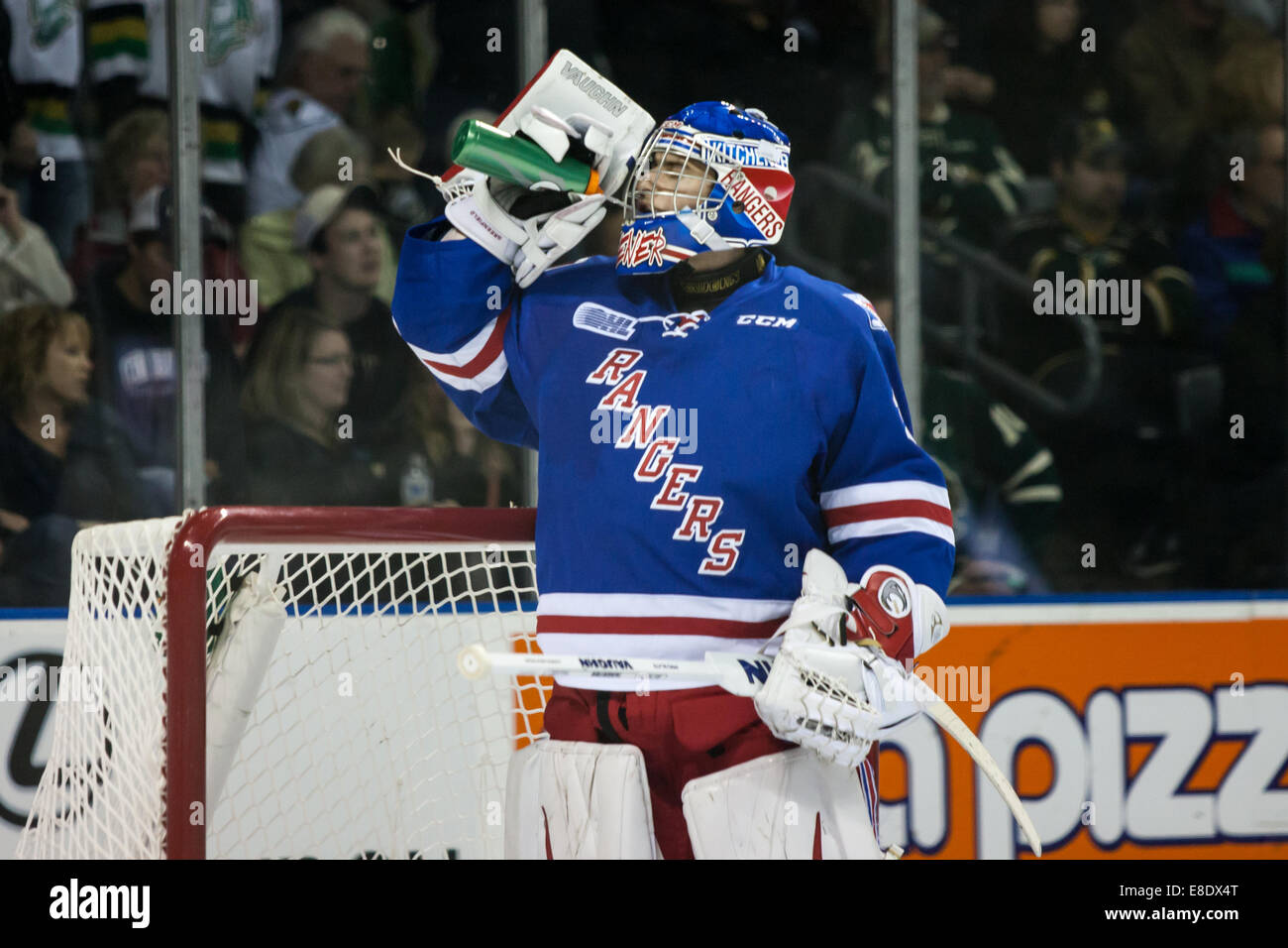 October 3, 2014. Kitchener Rangers goalie Matthew Greenfield (31) takes ...