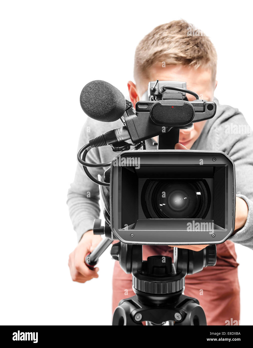 Video camera operator isolated on white background Stock Photo - Alamy
