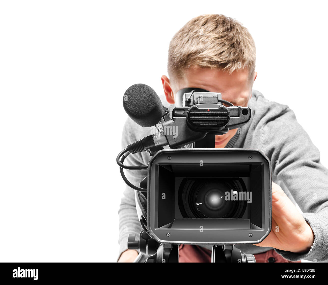 Video camera operator isolated on white background Stock Photo - Alamy