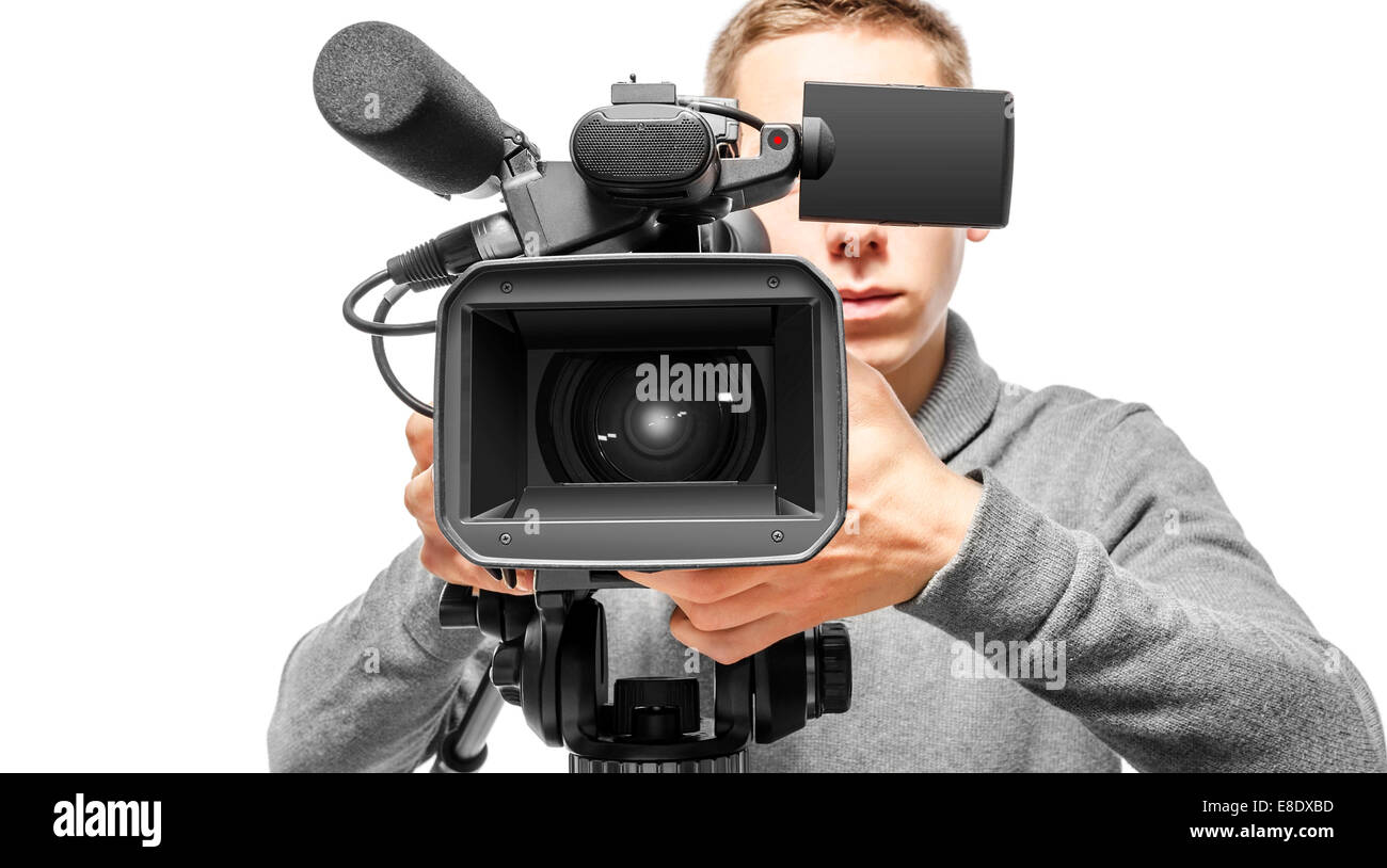 Video camera operator working with his professional equipment isolated ...