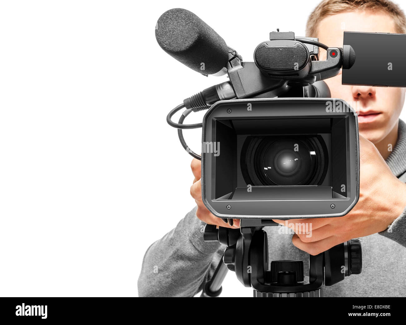 Video camera operator working with his professional equipment isolated ...