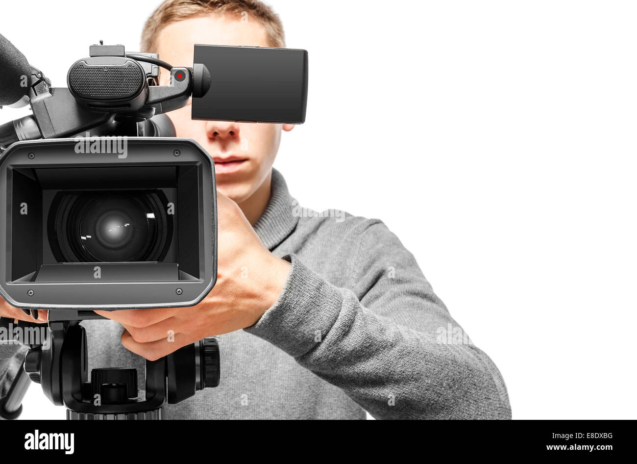 Video camera operator working with his professional equipment isolated ...