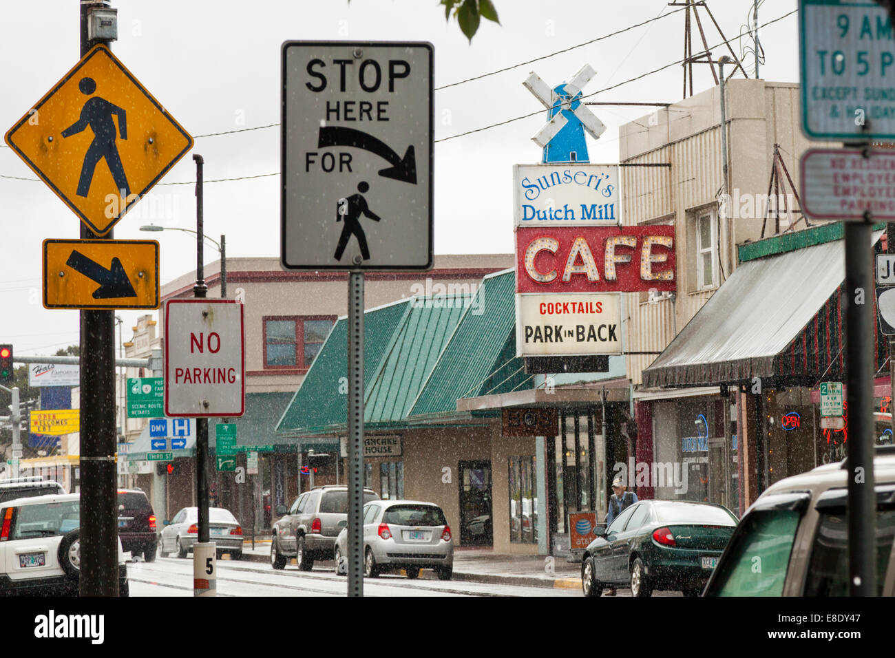Busy street full of signs in the rain in Tillamook Oregon USA United ...
