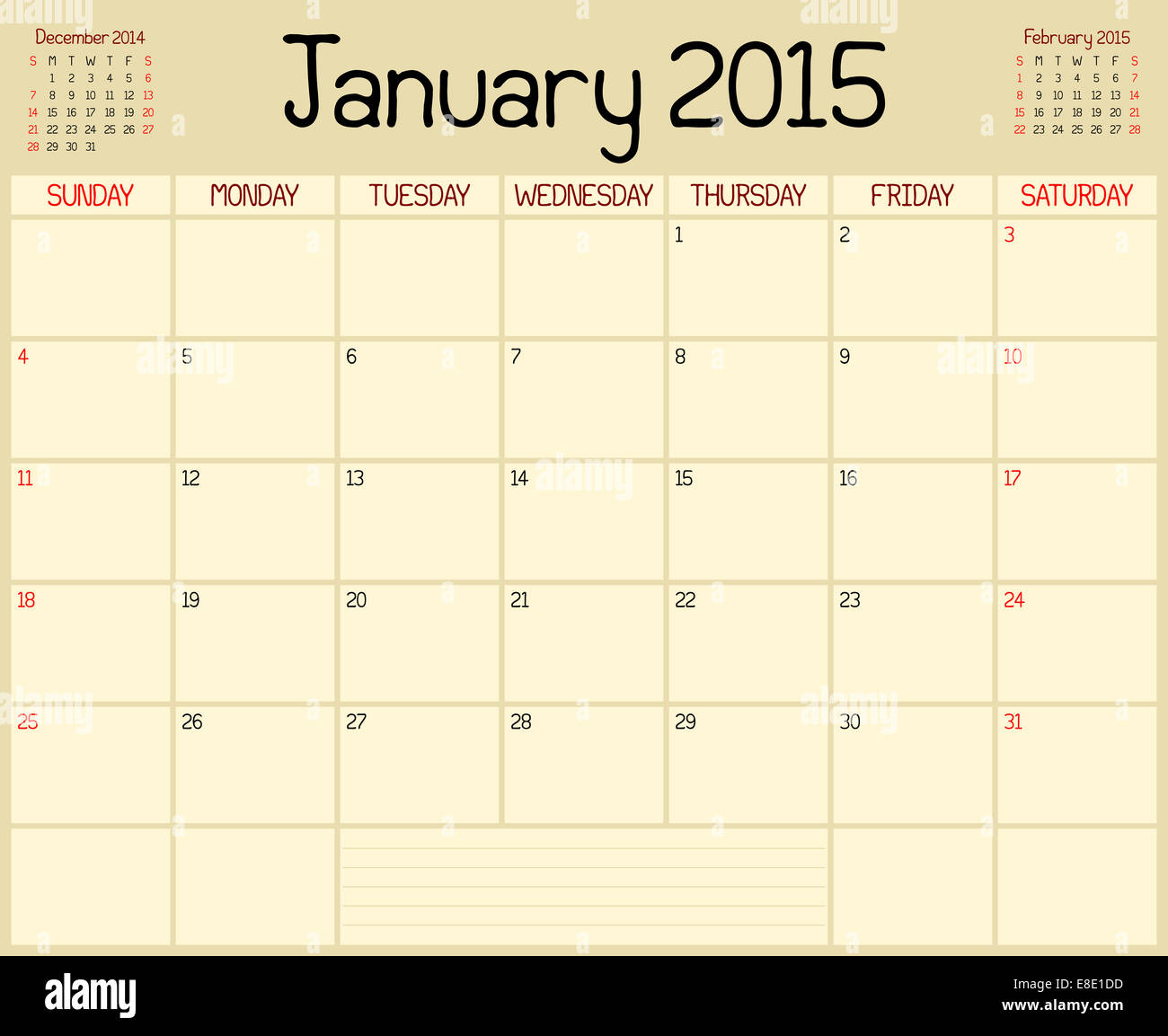A monthly planner calendar for January 2015. A custom handwritten style ...