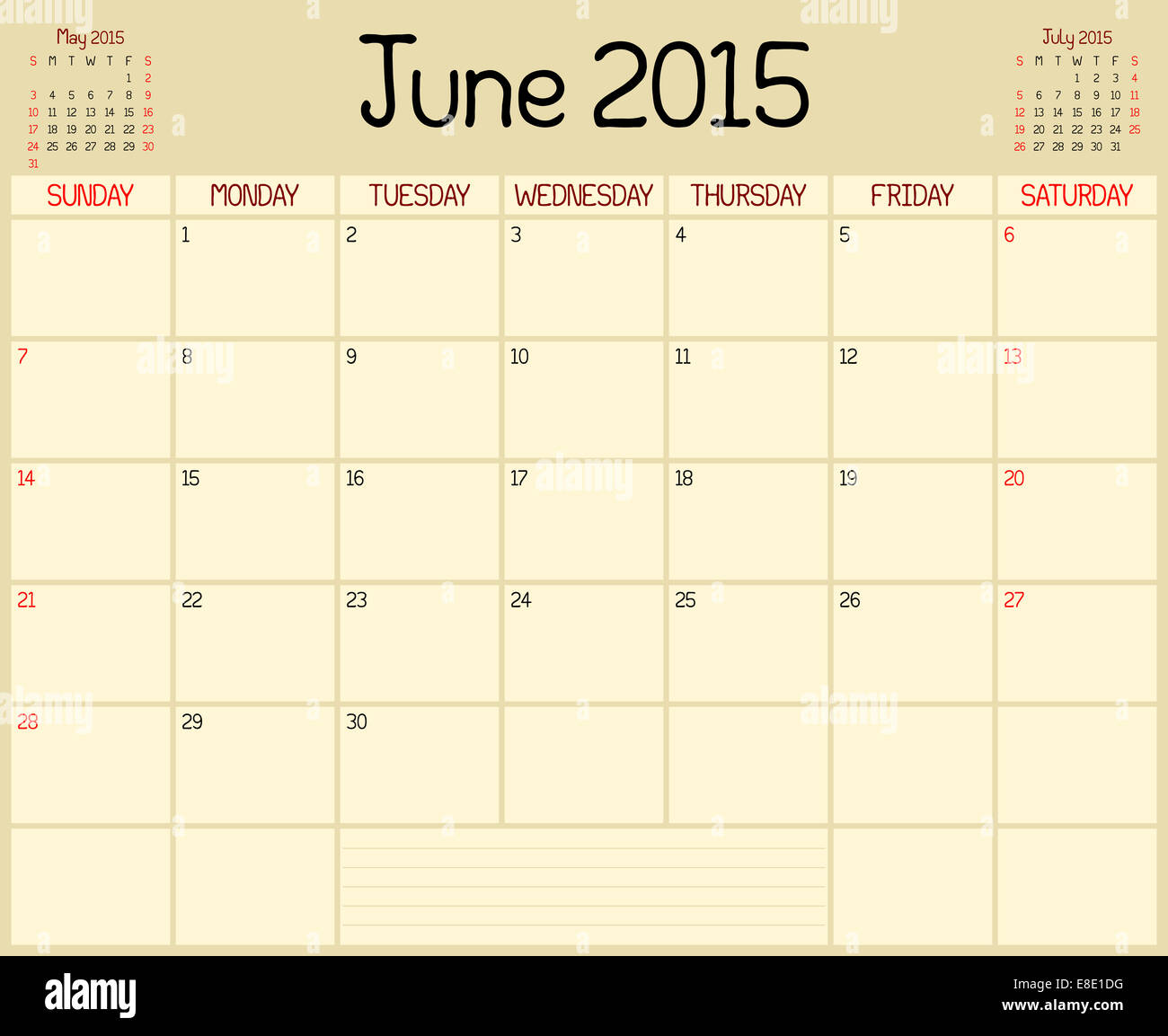 A monthly planner calendar for June 2015. A custom handwritten style is ...