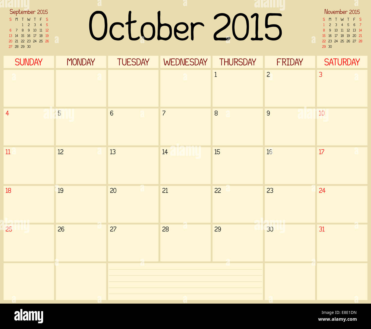 A monthly planner calendar for October 2015. A custom handwritten style ...
