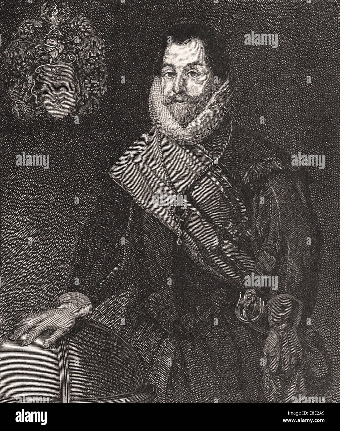 Portrait of sir francis drake engraving xix th century hi-res stock ...