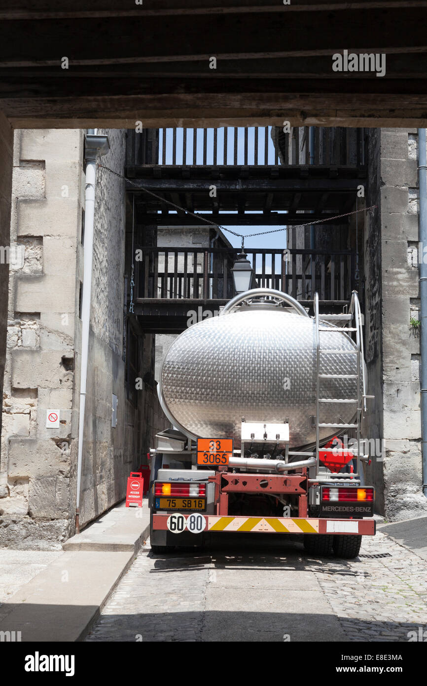 Tanker with hazmat 3065 alcoholic beverages placard entering distillery ...