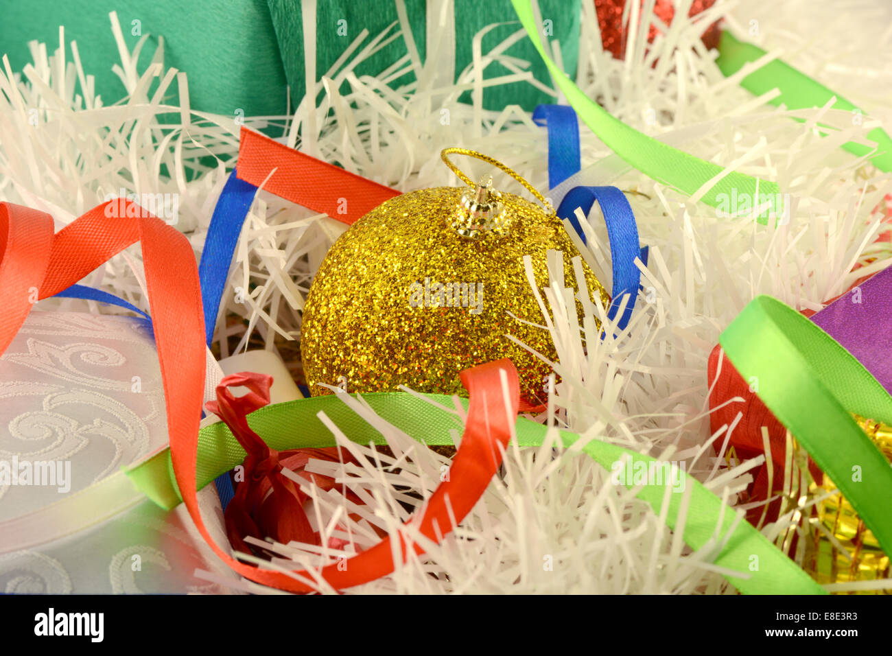 Christmas background with red and blue ribbon and new year balls Stock ...
