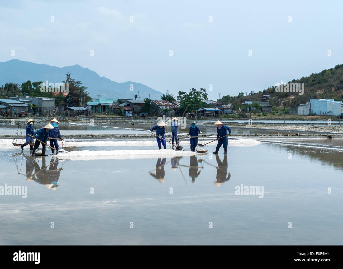 South Vietnam coastline: seven people rake, scoop and carry harvested ...