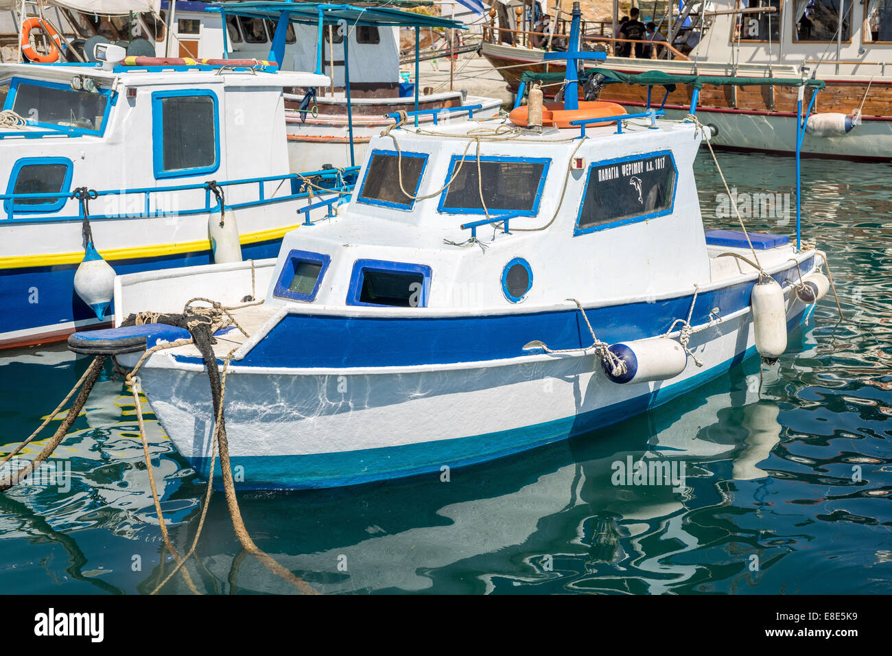 Old colorful wooden greek fishing boats Nisiros Dodecanese Stock Photo ...
