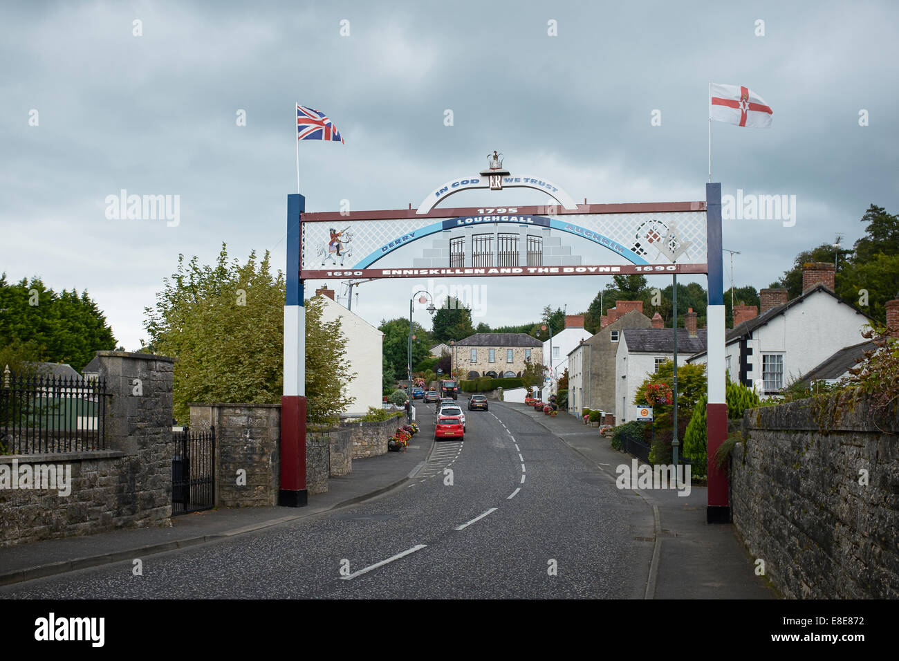 An Orange Order Arch over the main road through Loughgall village ...
