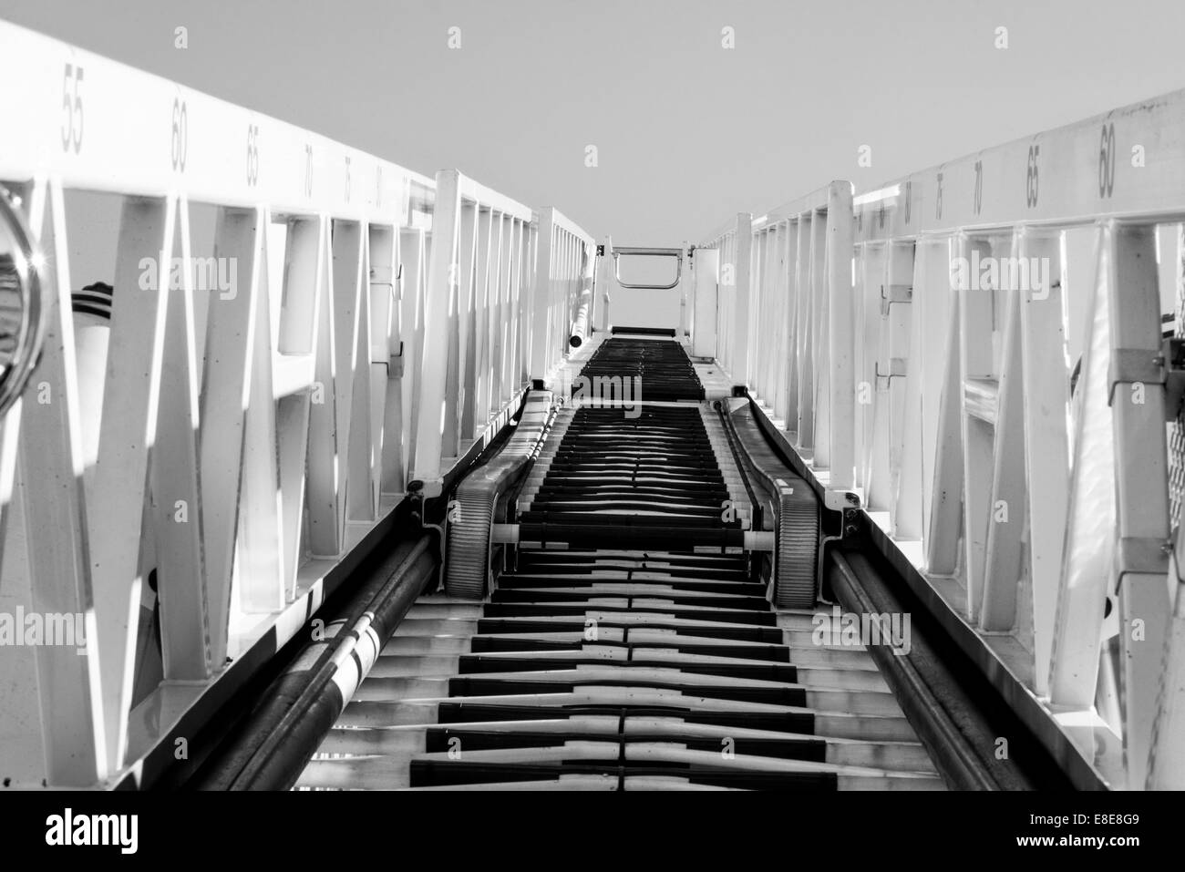 View up an extended fire department ladder in black and white Stock ...