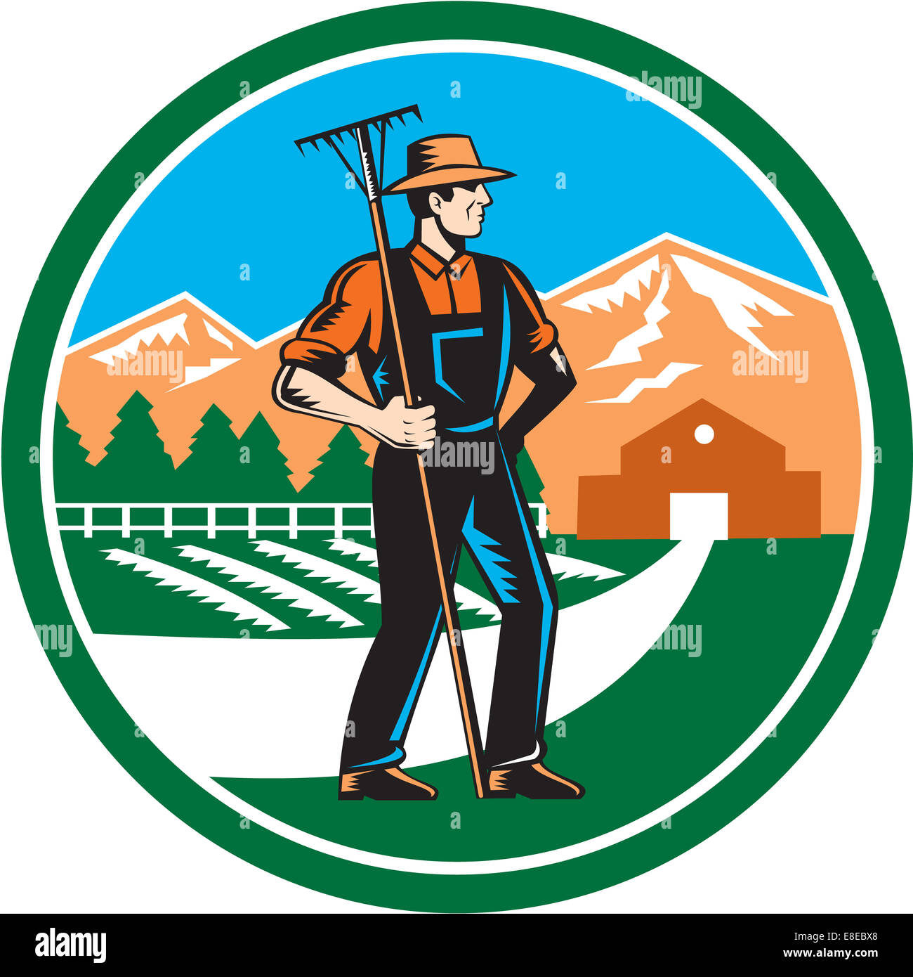 Illustration of organic farmer with rake facing side set inside circle ...