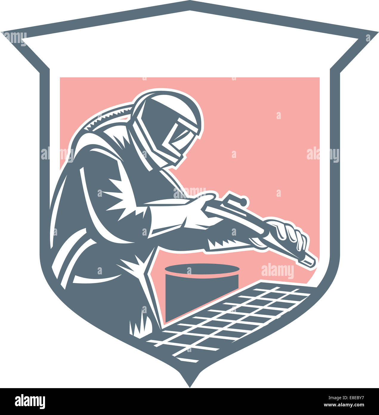 Illustration of a sandblaster worker holding sandblasting hose wearing ...