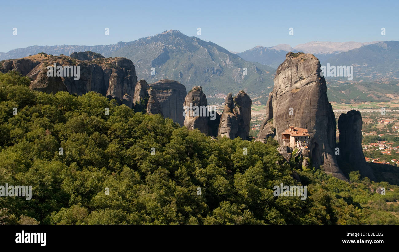 The hanging monastery of Roussanou surrounded by stone pinnacles in ...