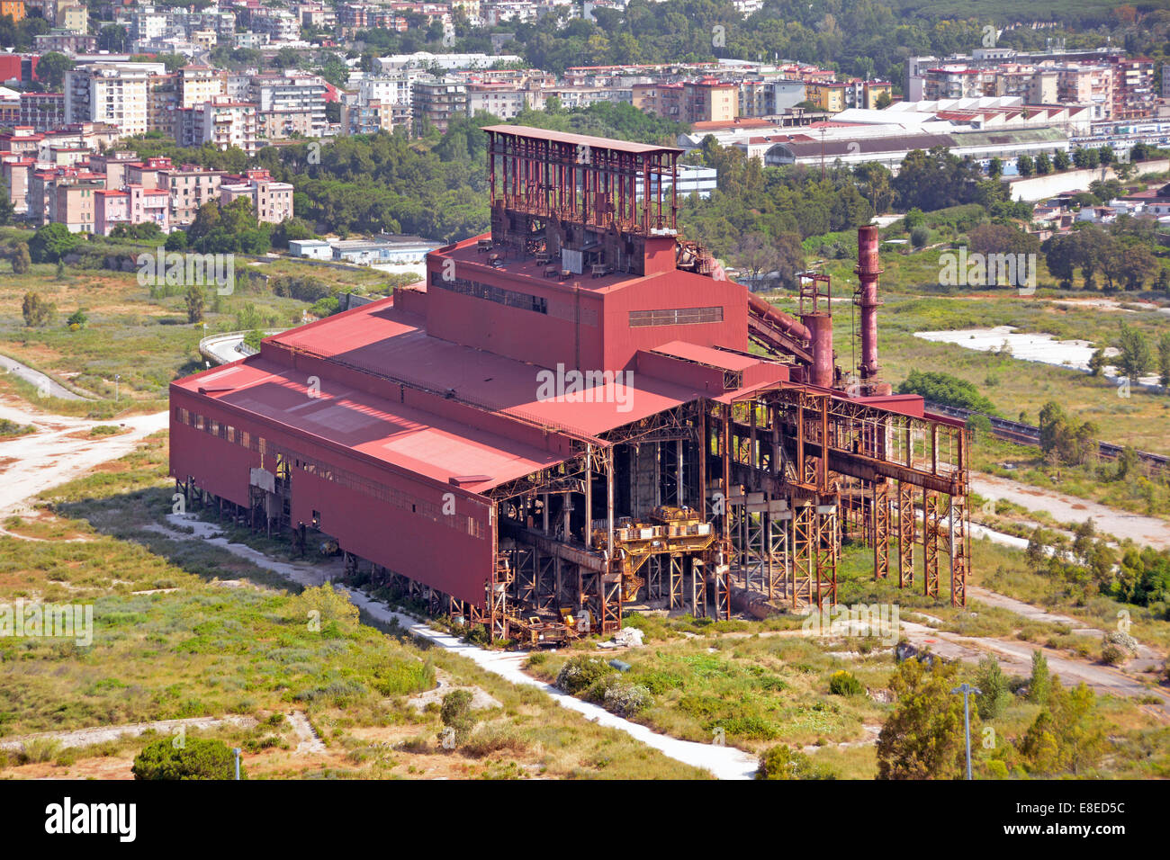 View from above derelict empty factory at Italsider steelworks ...