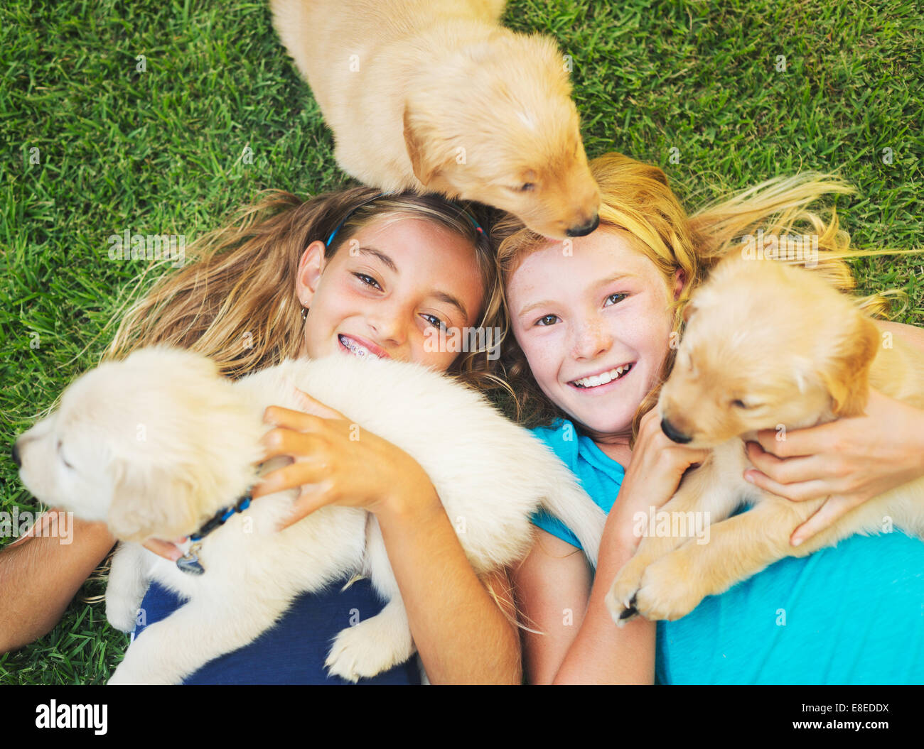 Adorable Cute Young Girls Playing and Hugging Puppies Stock Photo - Alamy