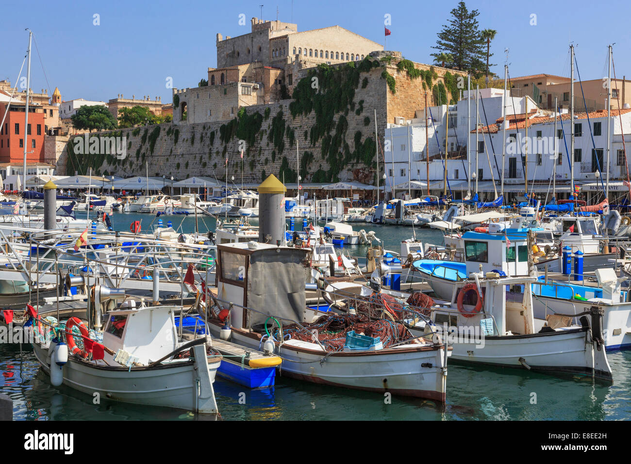 Local fishing boats in the harbour at Ciutadella, Menorca, Spain Stock ...