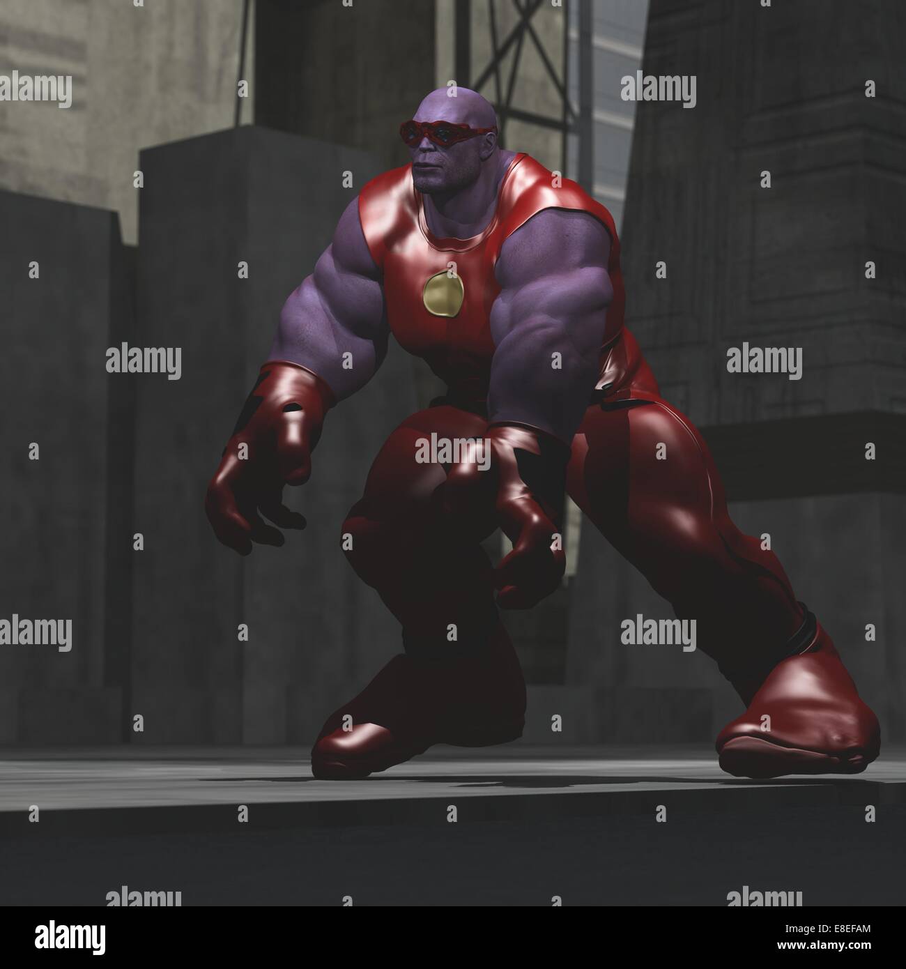 Disproportionally muscled superhero with blue skin wearing shiny red ...