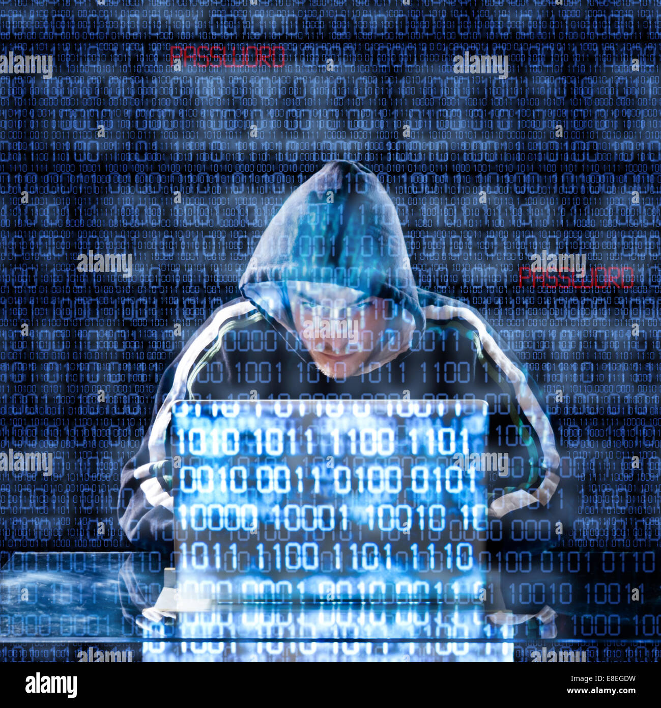 Hacker typing on a laptop with binary code in background Stock Photo - Alamy