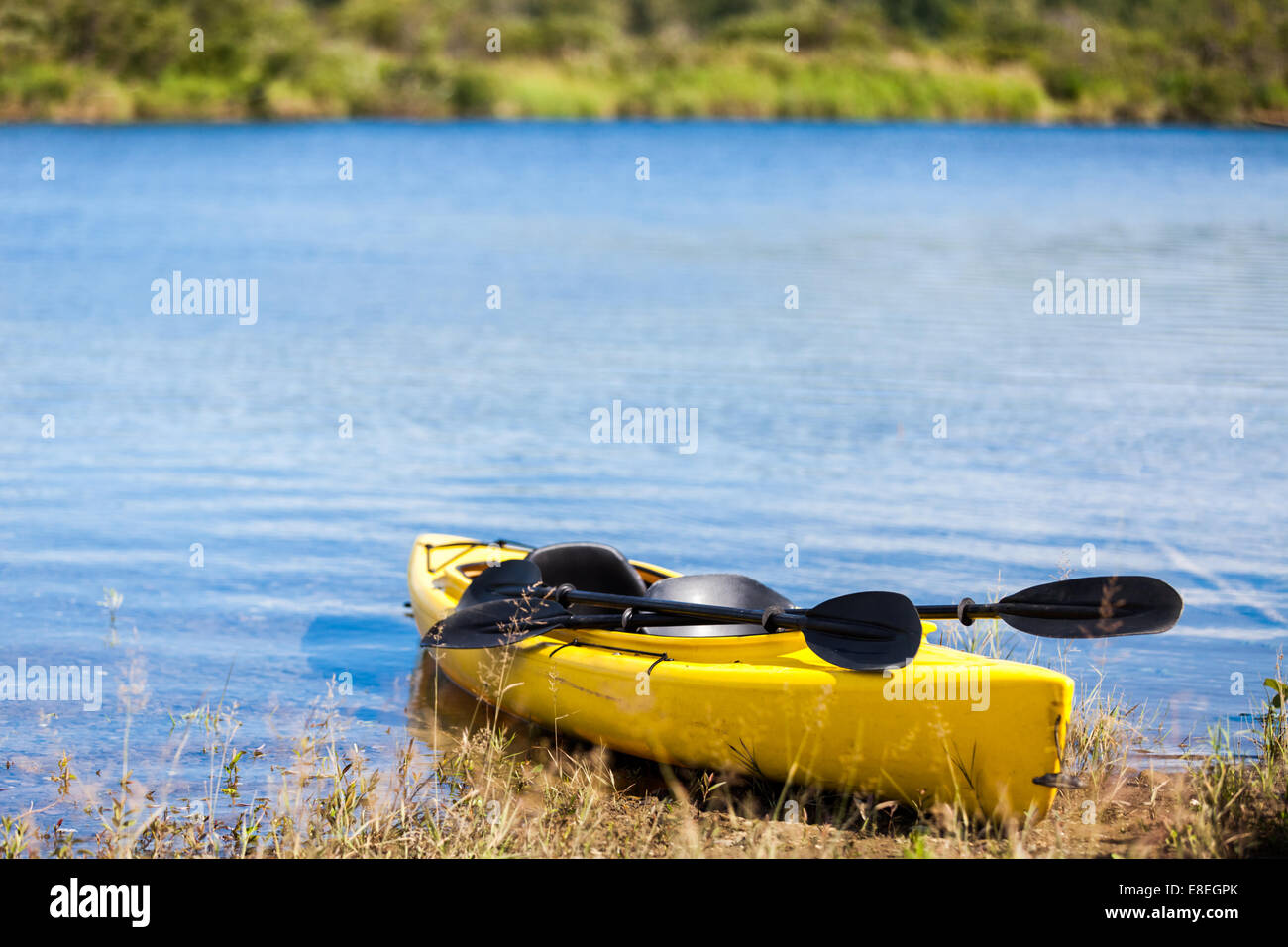 Yellow Kayak Ready to be Used on the Cost of a River Stock Photo - Alamy
