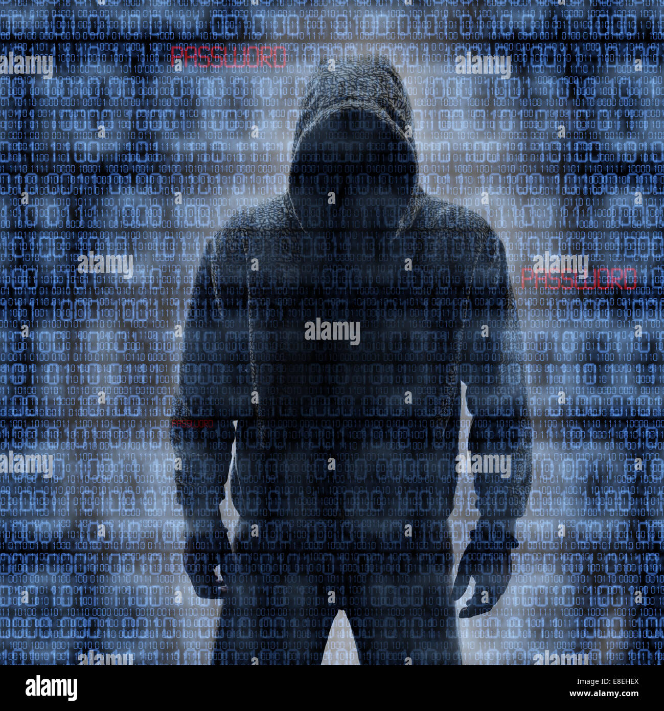 Hacker in Silhouette and Binary codes background Stock Photo - Alamy