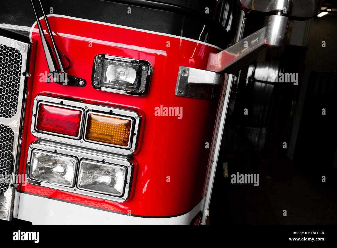 Red Firetruck Details of the Front and Lights Stock Photo - Alamy