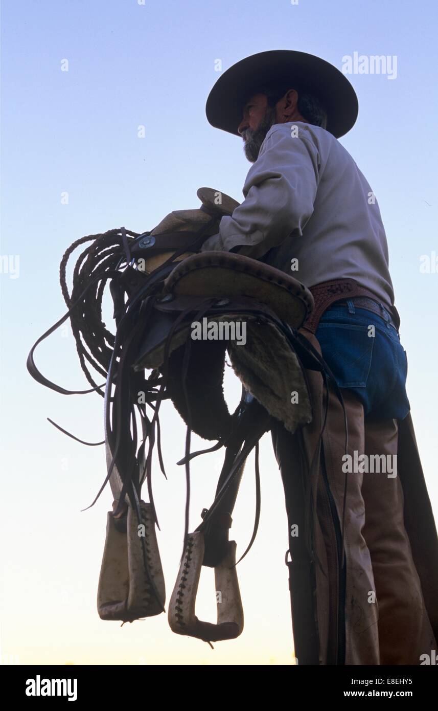 cowboy standing with his saddle and eqiupment Stock Photo - Alamy