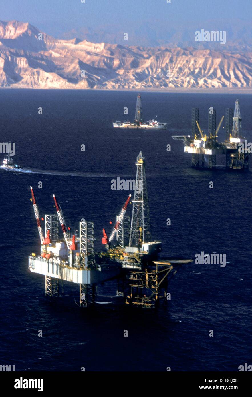 Aerial view of oil drilling platforms in the Gulf of Suez with the ...