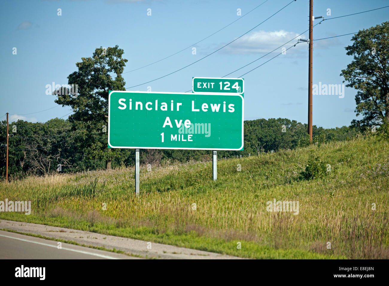 Sign on freeway 94 for entrance to Sinclair Lewis Ave birthplace and ...