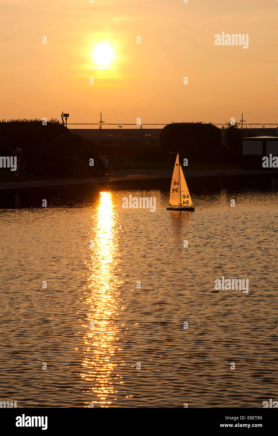 A model yacht on a boating lake at sunset Stock Photo - Alamy