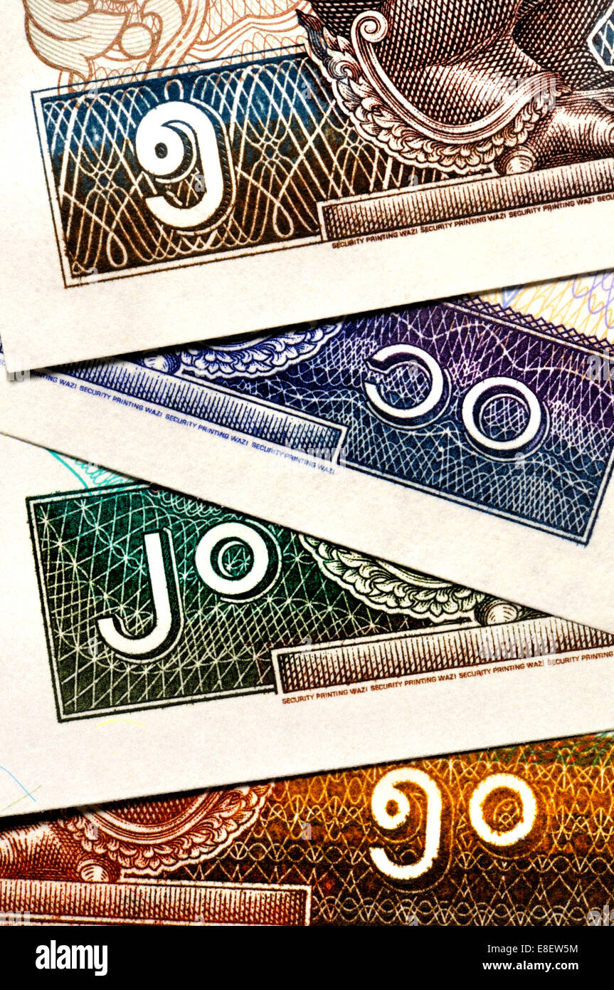 Detail of Myanmar / Burma banknotes showing Burmese / Brahmic numerals ...