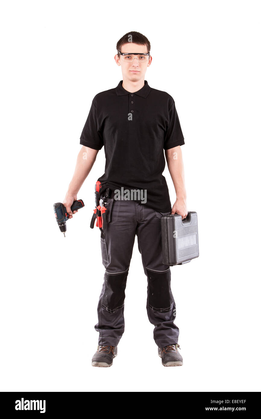 Male serviceman with toolbox and power drill Stock Photo - Alamy