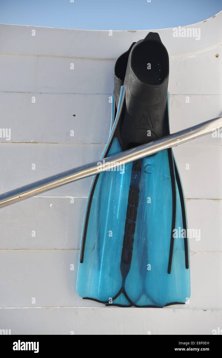 Diving fins on a boat, Egypt, 24. September 2014. Photo: Frank May ...