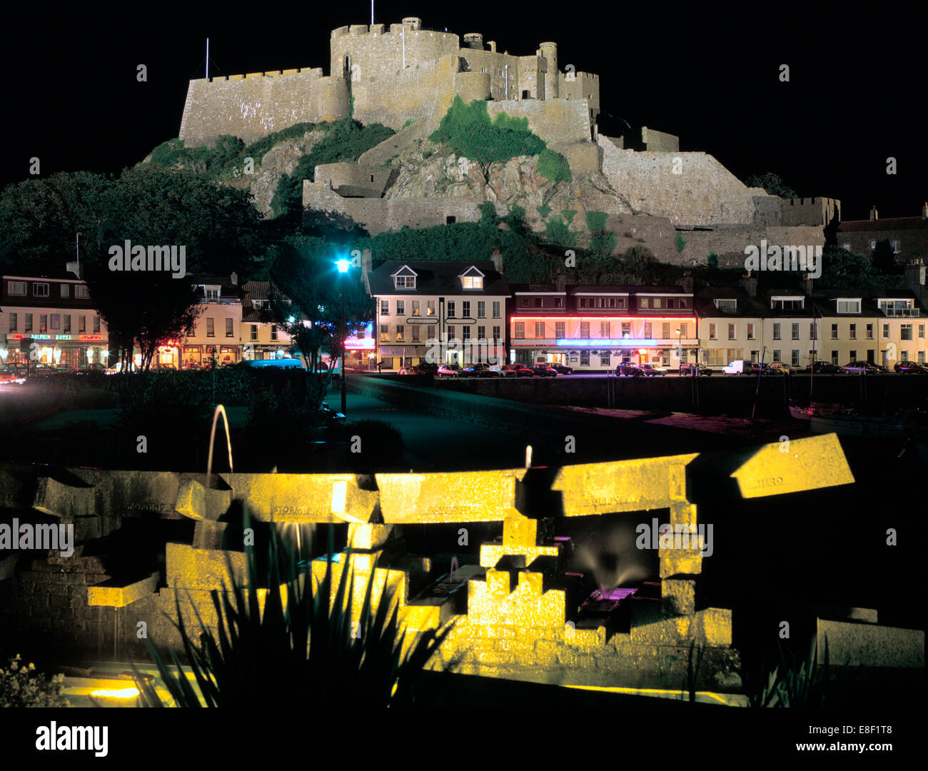 Mont Orgueil Castle at night, Gorey, Jersey, Channel Islands Stock ...