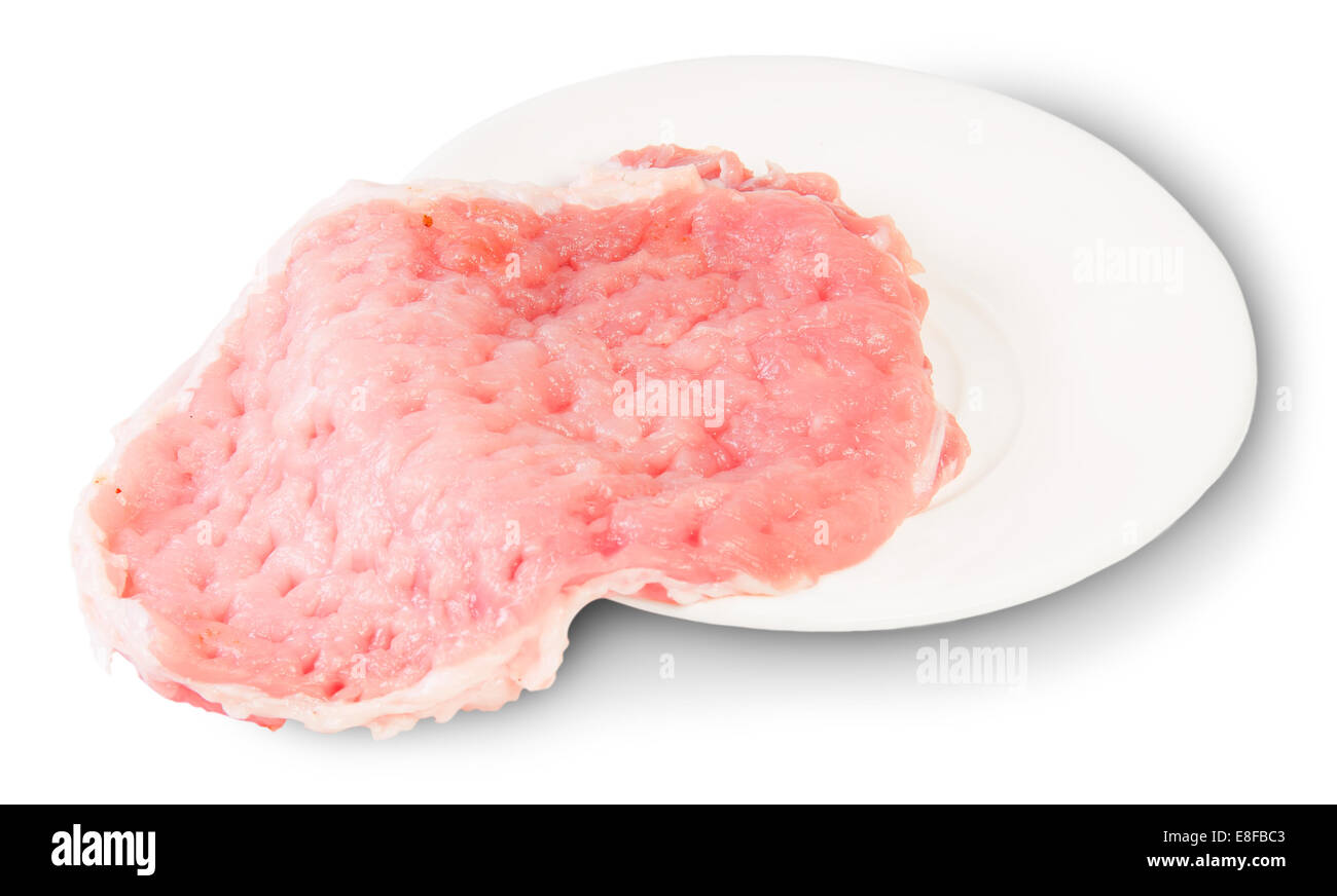 Raw Pork Schnitzel On A White Plate Isolated On White Background Stock ...