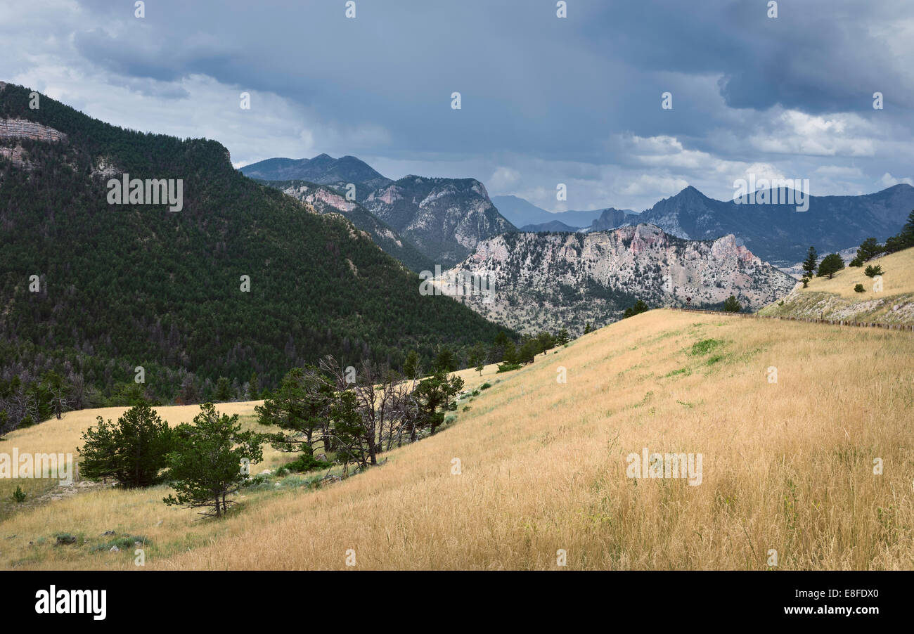 View across the rugged undulating landscape of the Beartooth mountains ...