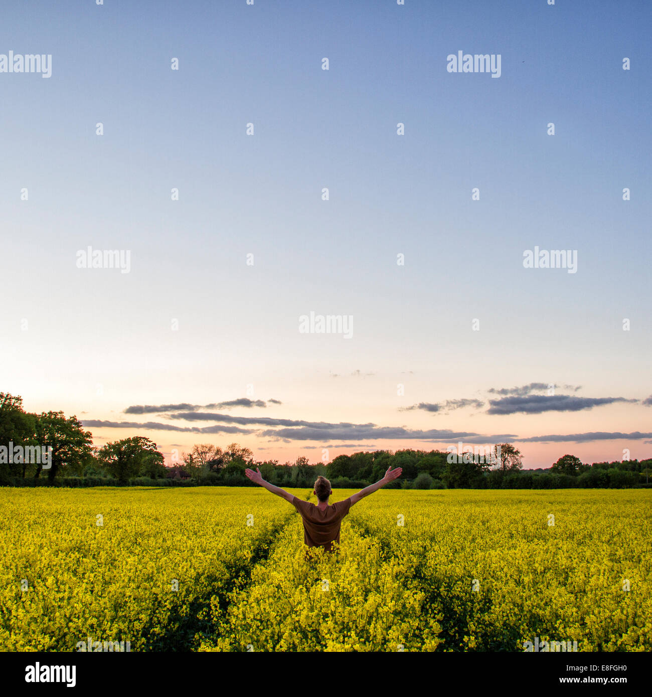 Man with outstretched arms in field Stock Photo - Alamy