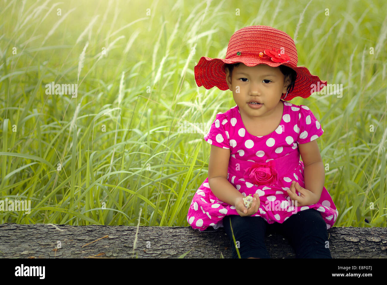 Portrait of girl sitting in a field Stock Photo - Alamy