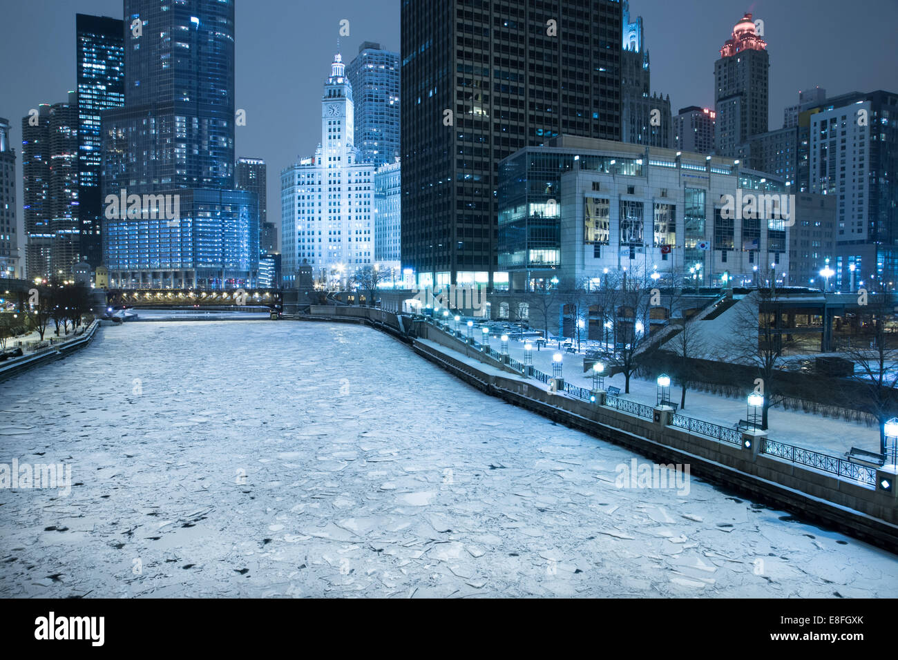 USA, Illinois, Chicago, Frozen river in city at night Stock Photo ...